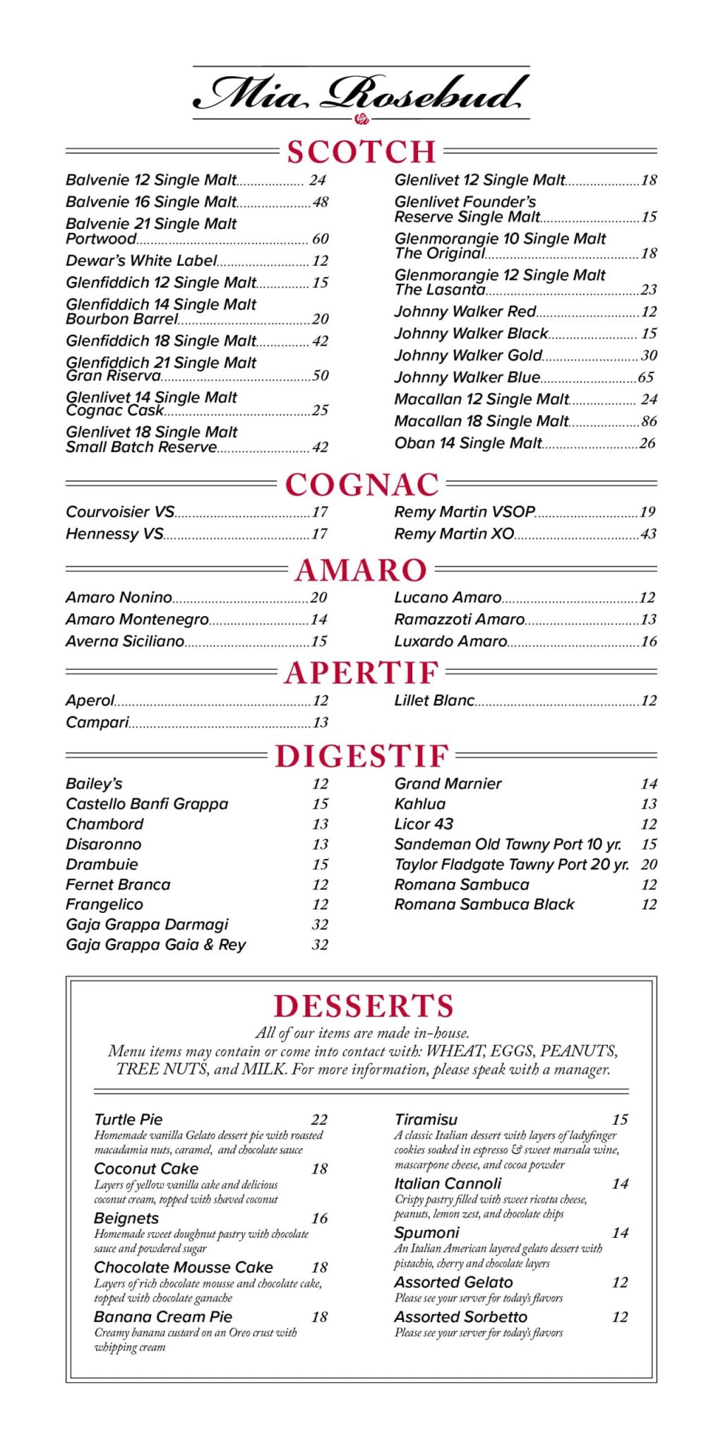 Menu • Mia Rosebud Italian Restaurant, Boca Raton