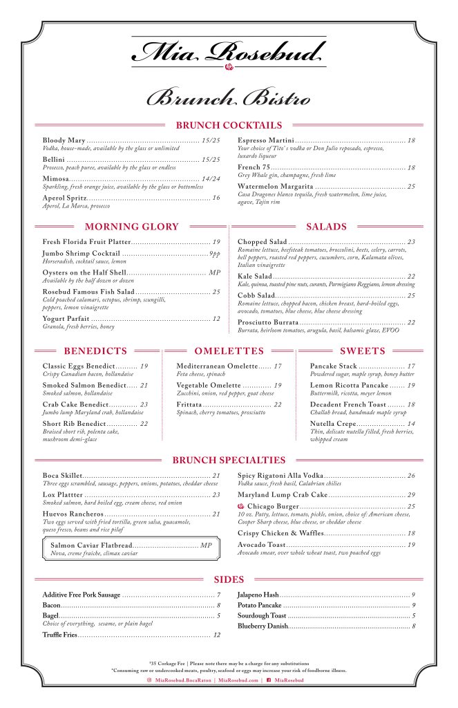 Menu • Mia Rosebud Italian Restaurant, Boca Raton